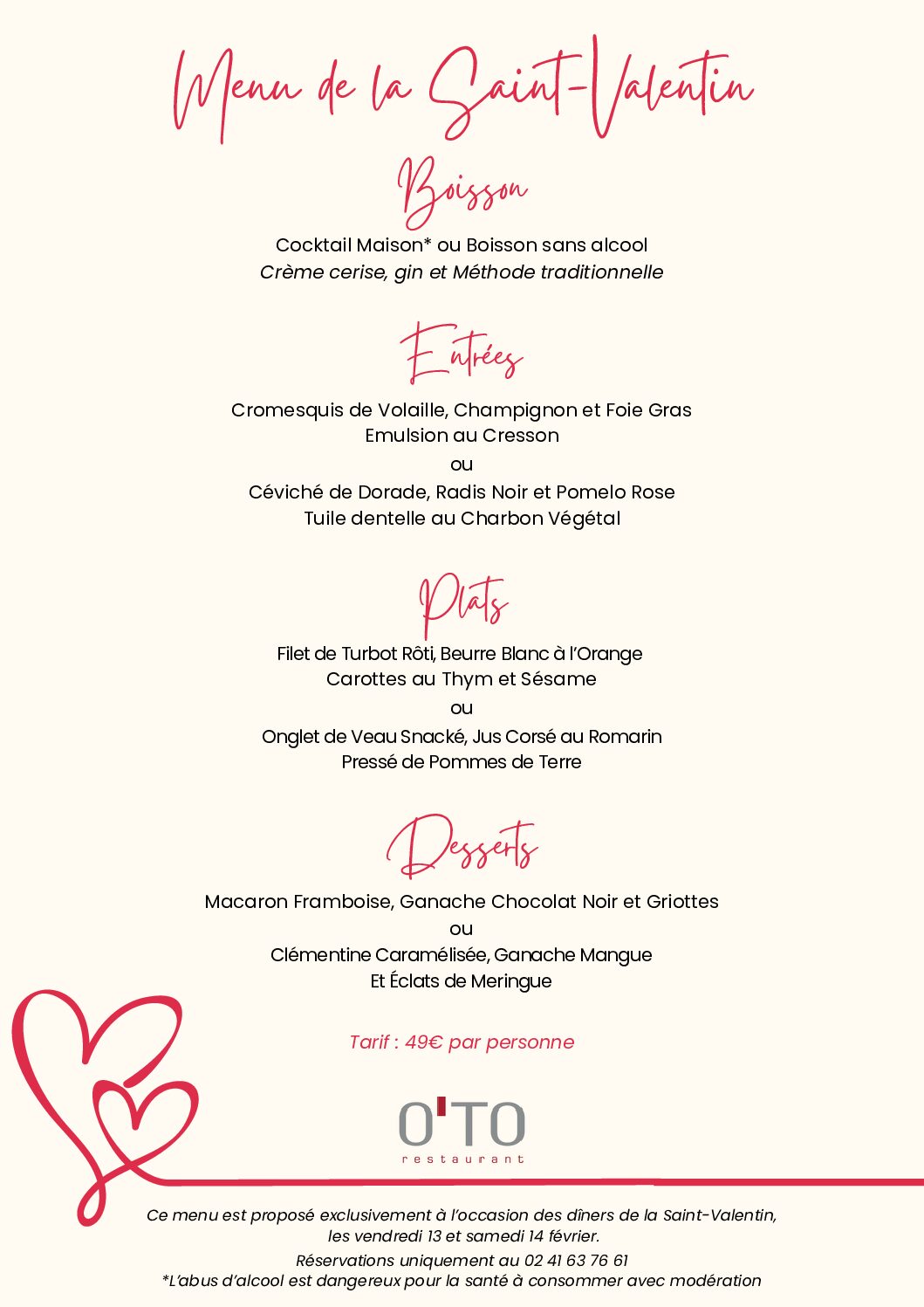 Menu de la Saint-Valentin - Restaurant O'TO